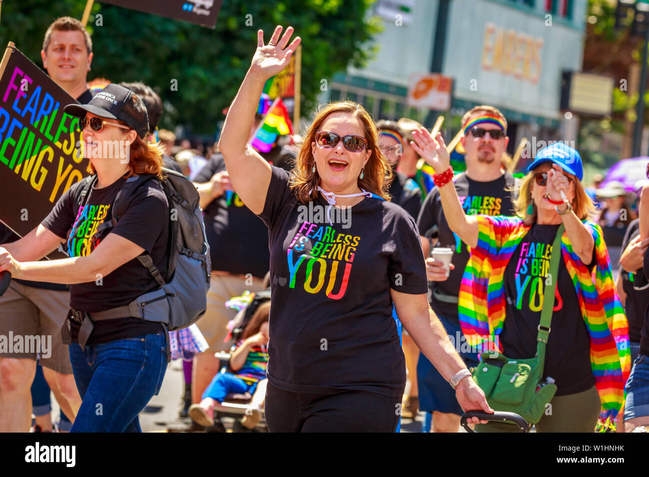 Portland, Oregon, USA - June 16, 2019: Diversified group of people in ...