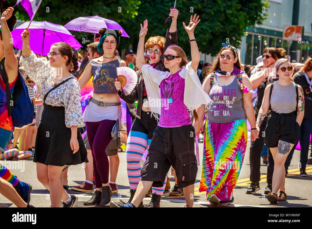 Portland, Oregon, USA - June 16, 2019: Diversified group of people in ...