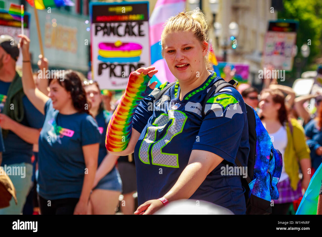 Portland, Oregon, USA - June 16, 2019: Diversified group of people in ...
