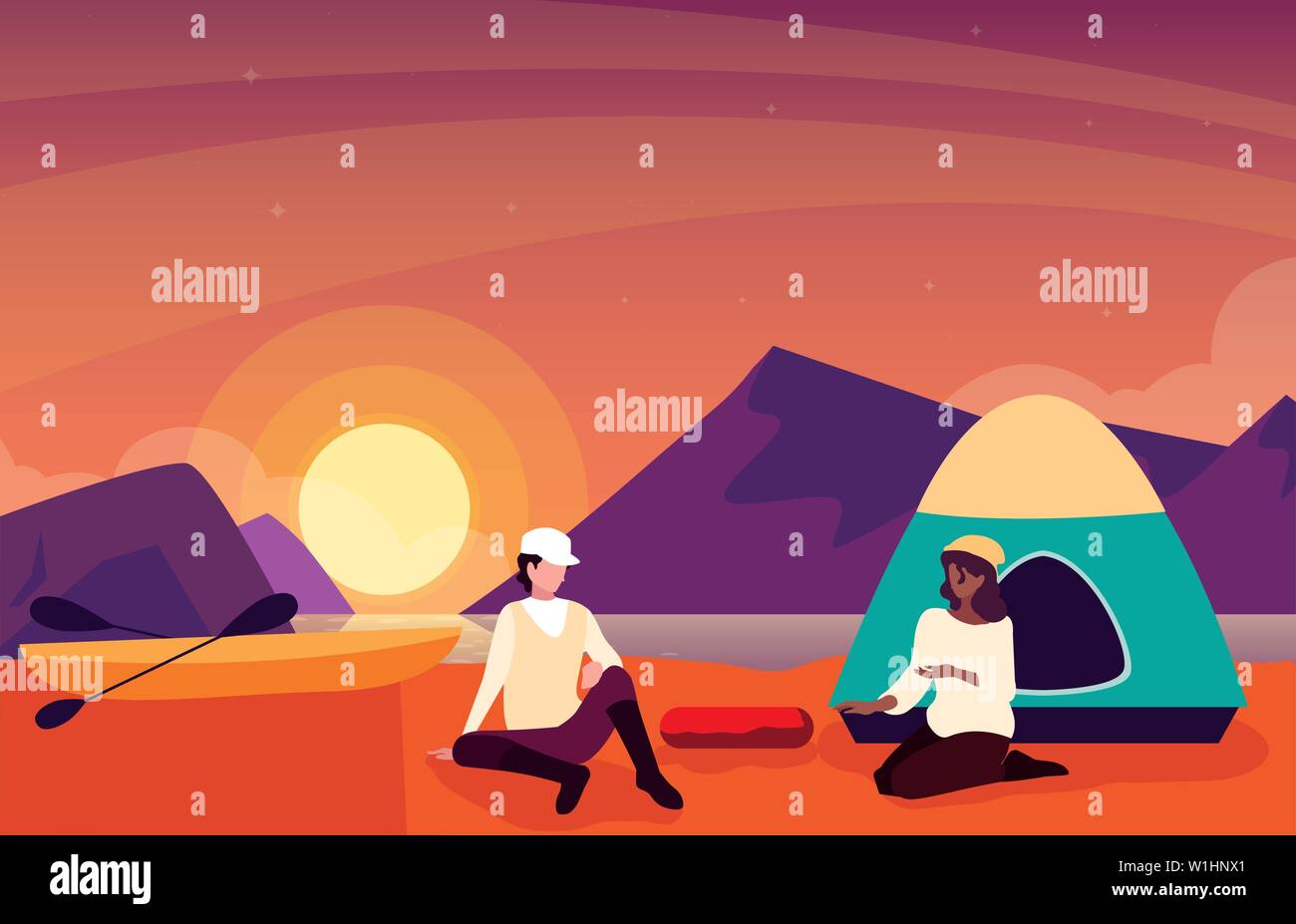 campers in camping zone with tent sunset scene vector illustration ...