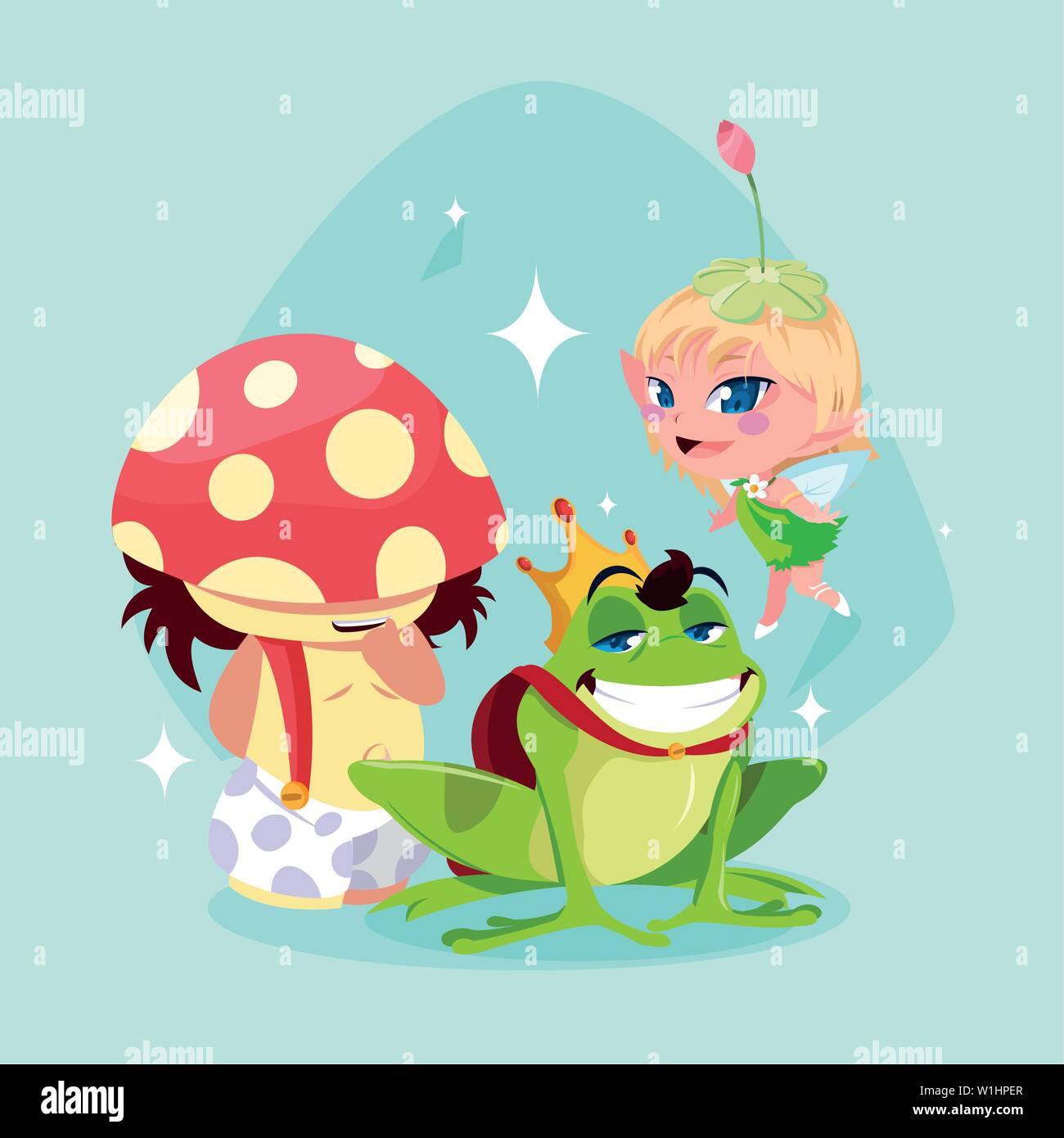 frog prince with fungus and fairy vector illustration design Stock ...