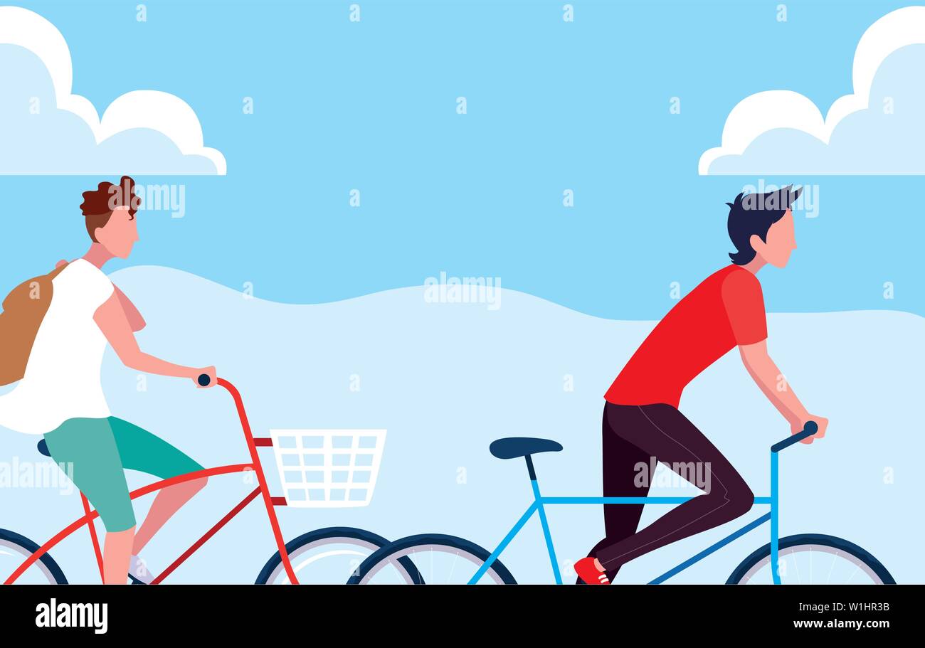 young men riding bike with sky and clouds vector illustration design ...
