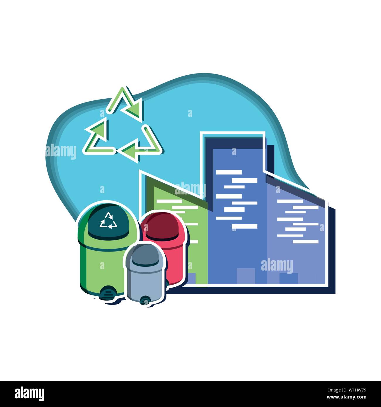 set of recycle bins with buildings vector illustration design Stock ...