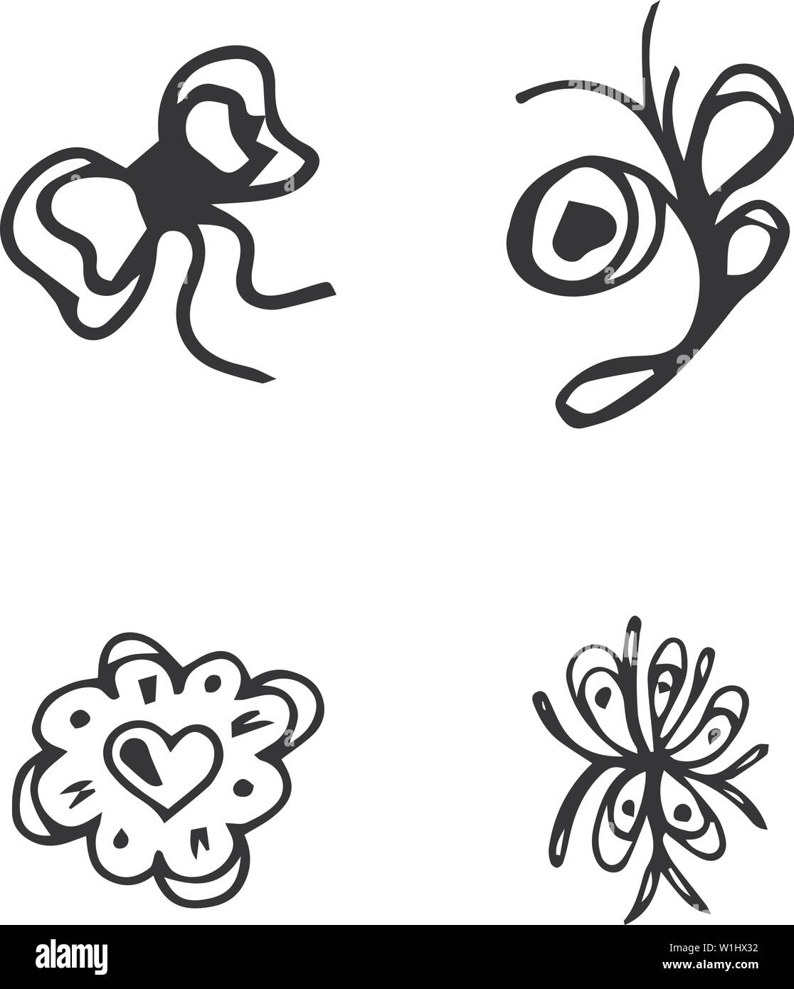 Flowers and hearts hand drawn doodle collection isolated on white ...