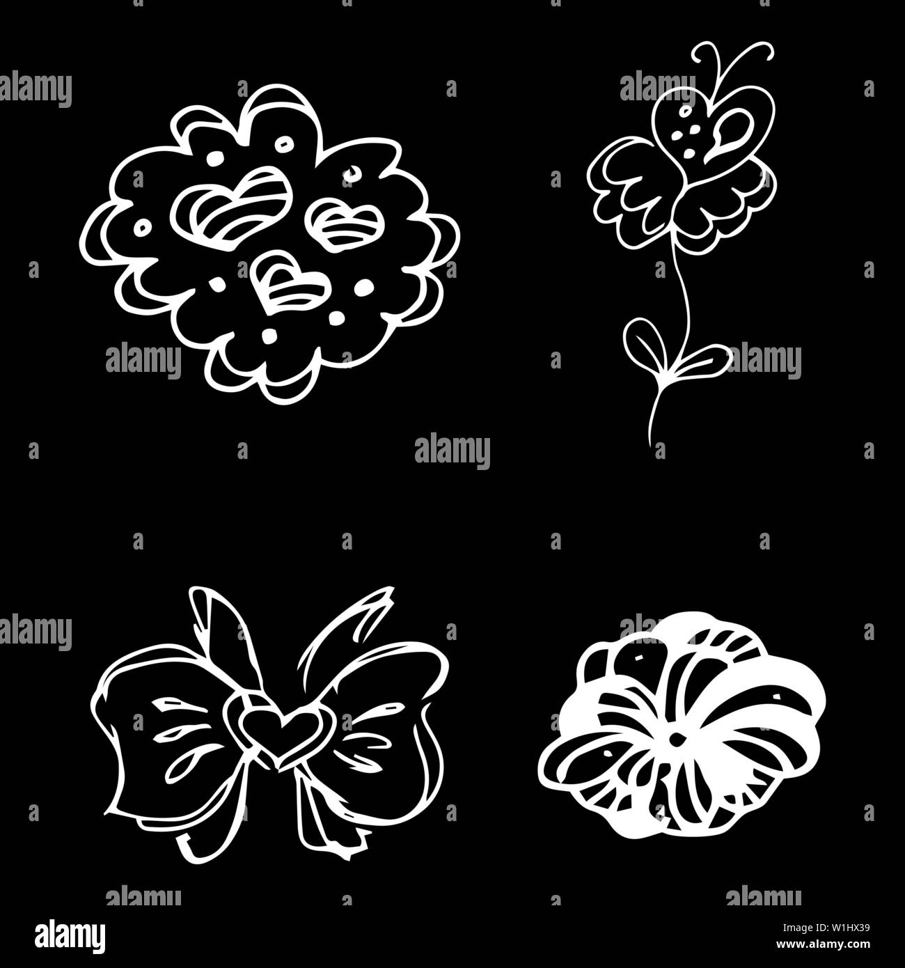 Flowers and hearts hand drawn doodle collection isolated on black ...