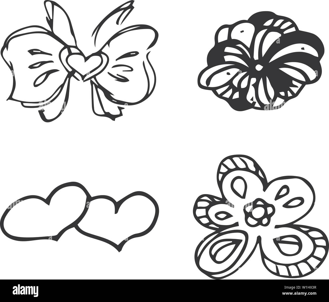 Flowers and hearts hand drawn doodle collection isolated on white ...