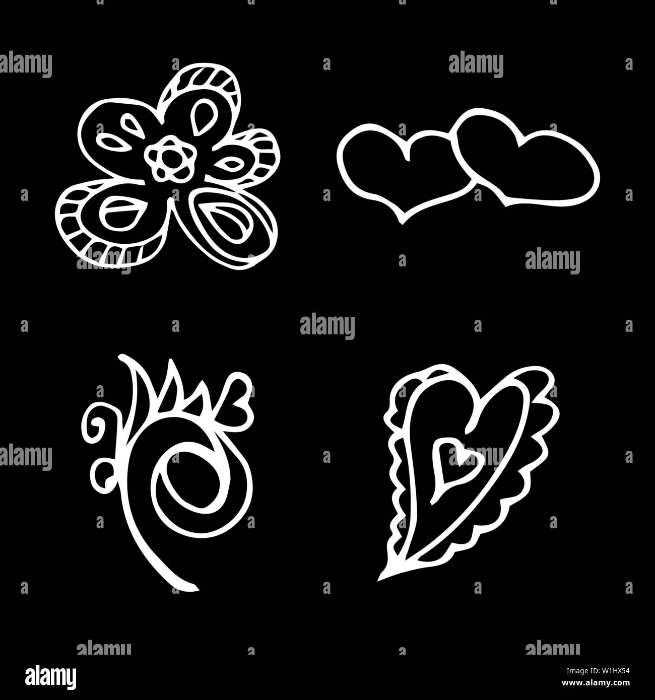 Flowers and hearts hand drawn doodle collection isolated on black ...