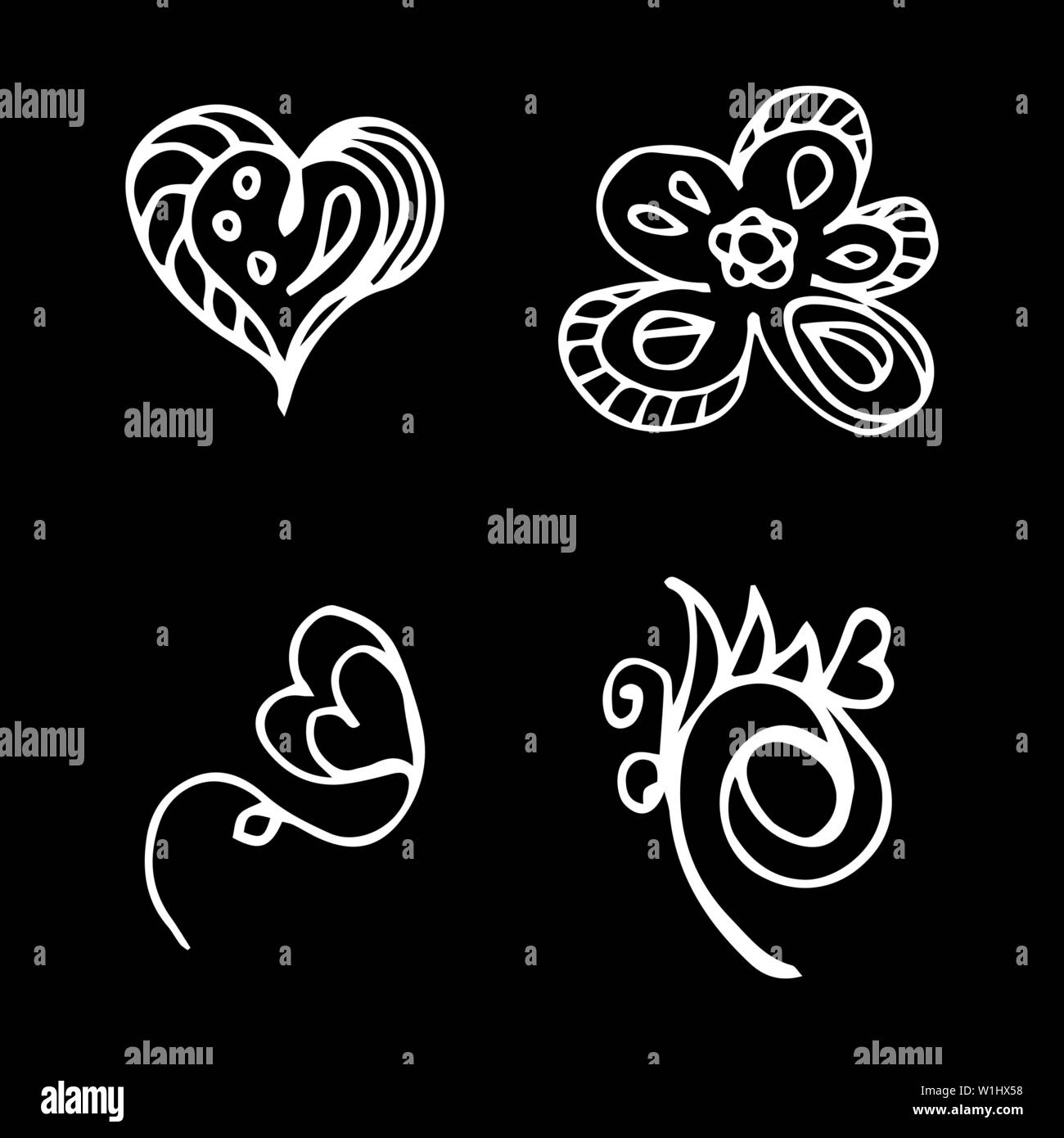 Flowers and hearts hand drawn doodle collection isolated on black ...