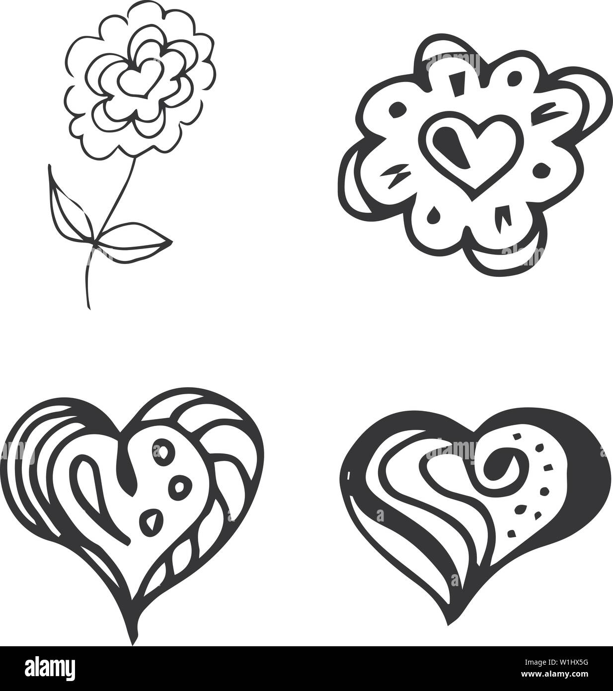 Flowers and hearts hand drawn doodle collection isolated on white ...