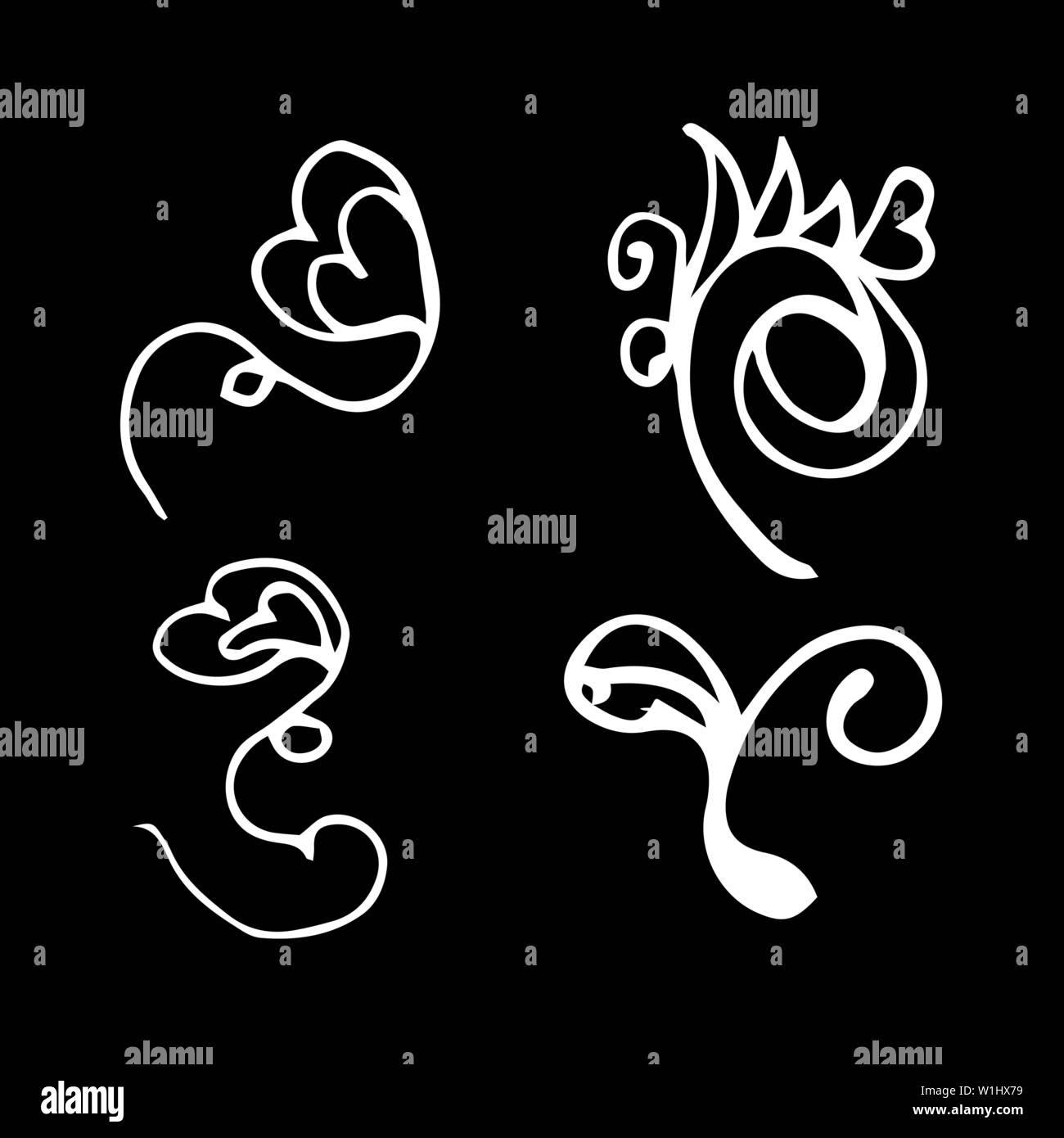 Flowers and hearts hand drawn doodle collection isolated on black ...