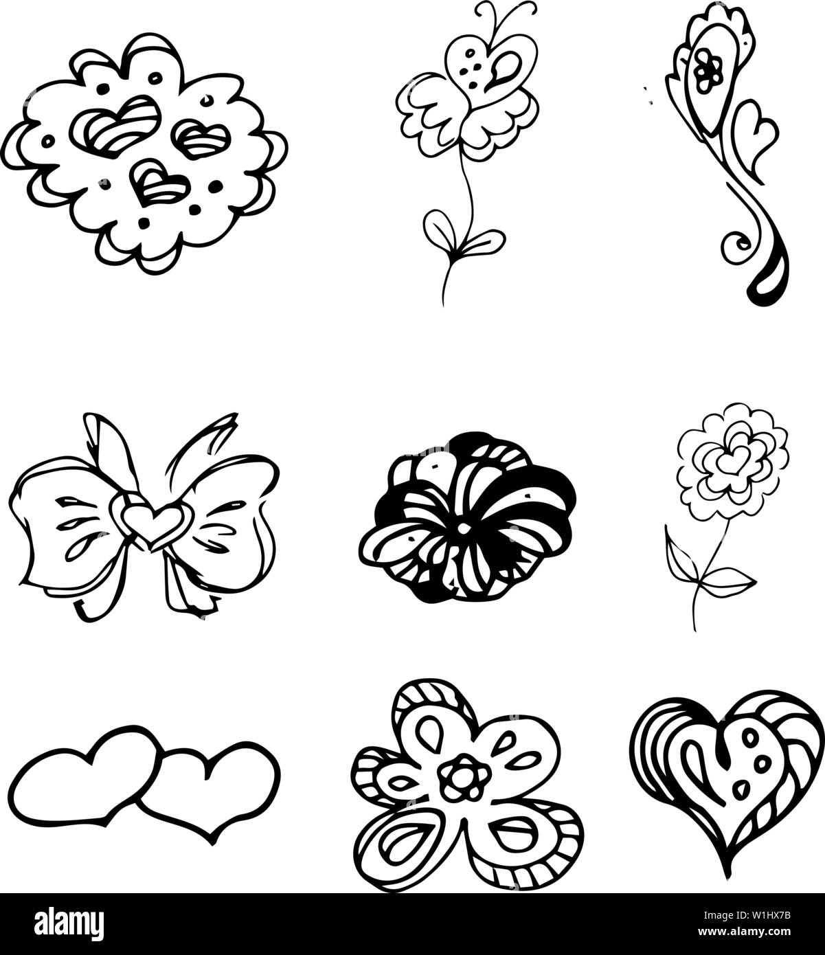 Flowers and hearts hand drawn doodle collection isolated on white ...