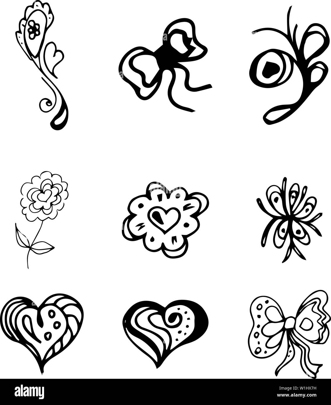 Flowers and hearts hand drawn doodle collection isolated on white ...