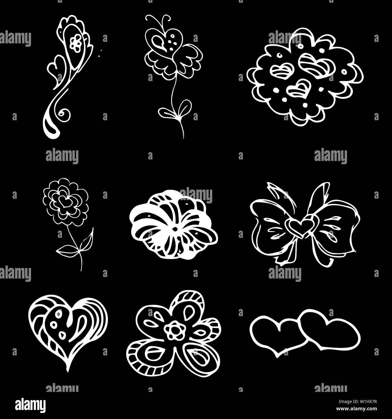 Flowers and hearts hand drawn doodle collection isolated on black ...
