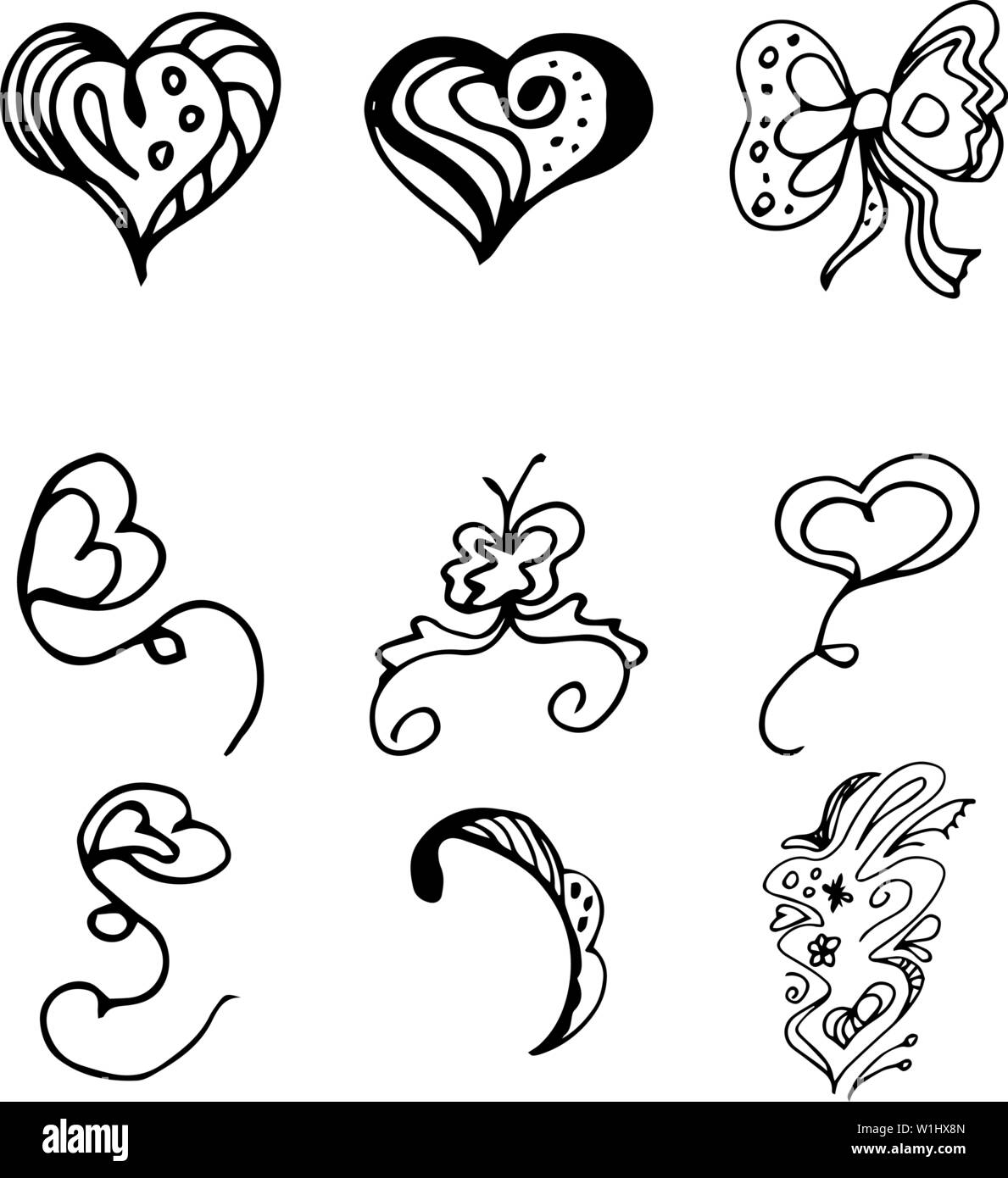 Flowers and hearts hand drawn doodle collection isolated on white ...