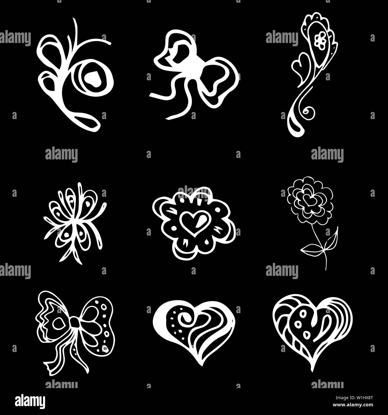 Flowers and hearts hand drawn doodle collection isolated on black ...