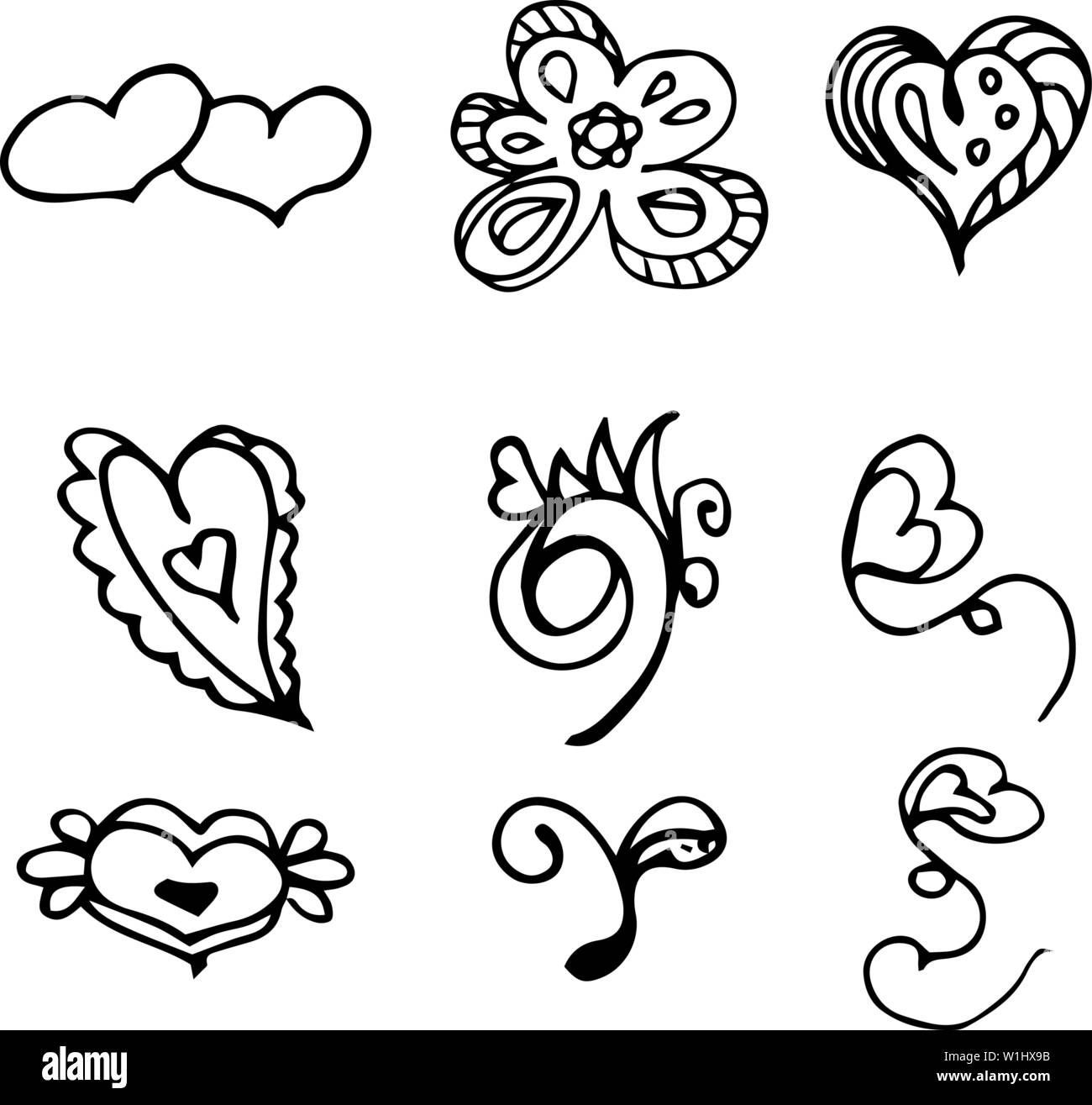 Flowers and hearts hand drawn doodle collection isolated on white ...