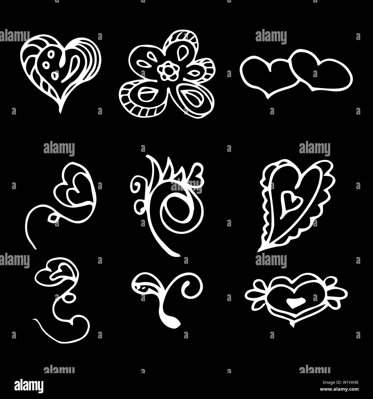 Flowers and hearts hand drawn doodle collection isolated on black ...