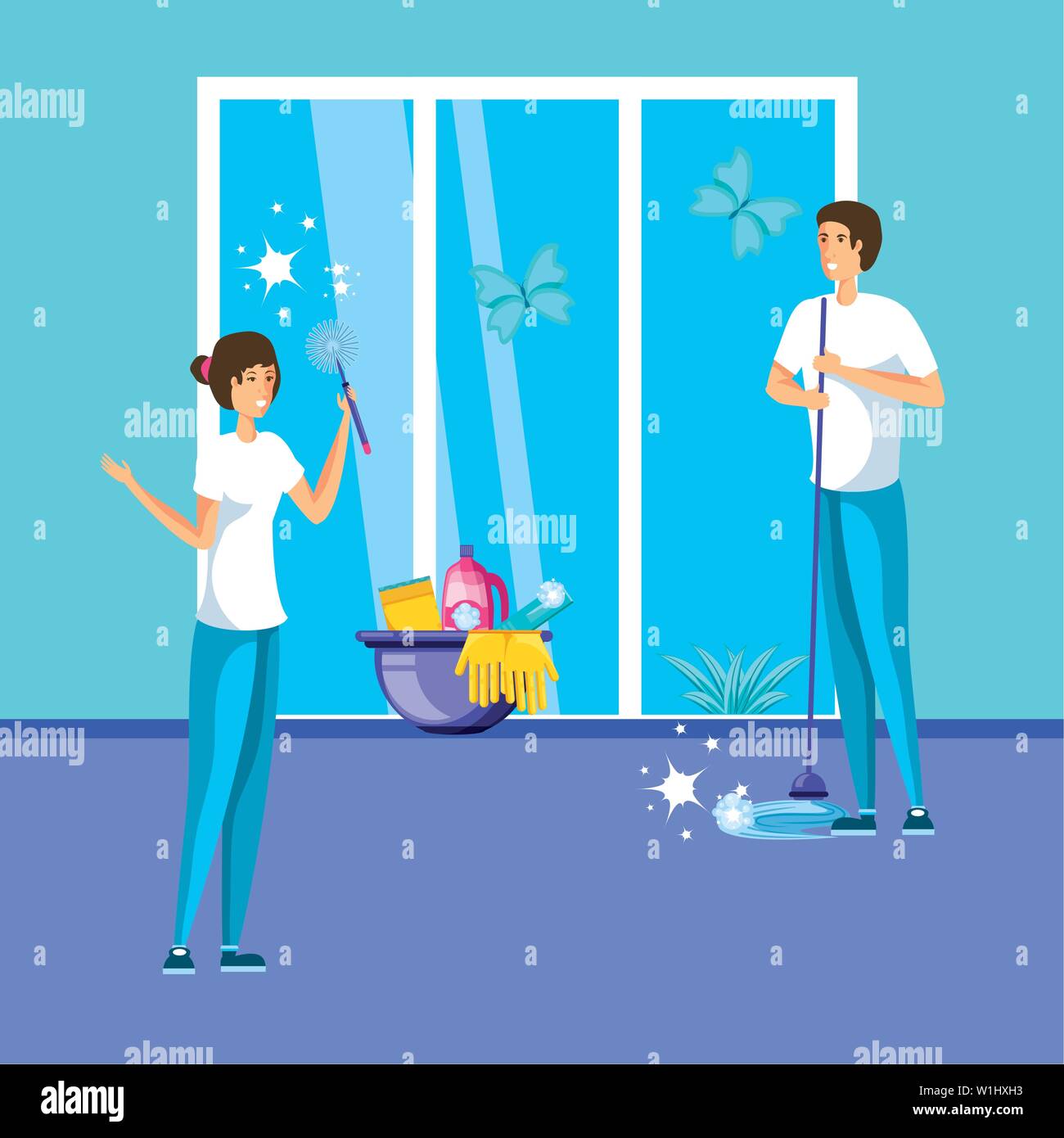 housekeeping couple working indoor home vector illustration design ...