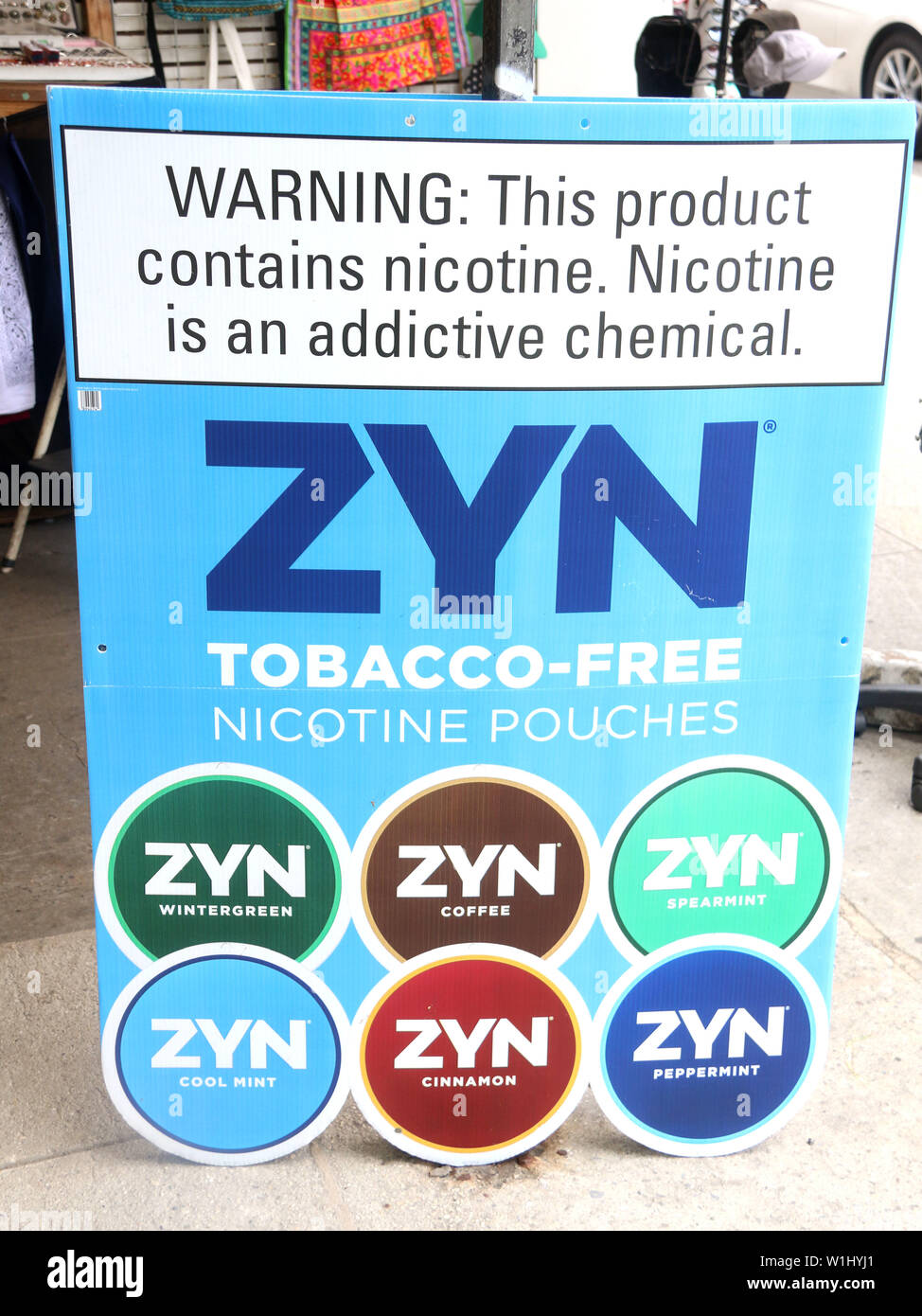 New York City, New York, USA. 2nd July, 2019. A ZYN sign on display in ...