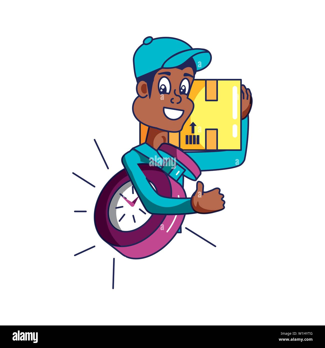 worker delivery service with box and chronometer vector illustration ...