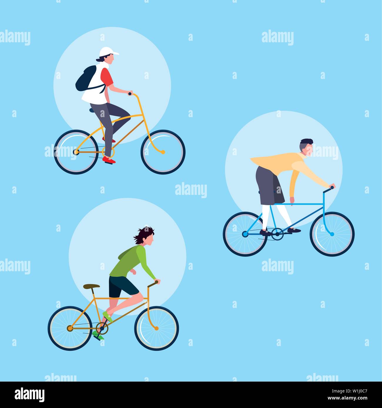 group of young man riding bike avatar character vector illustration ...