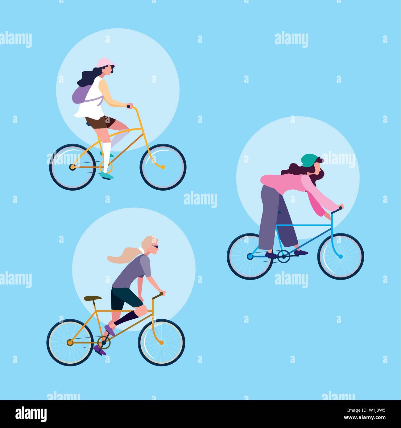 group of young women riding bike avatar character vector illustration ...