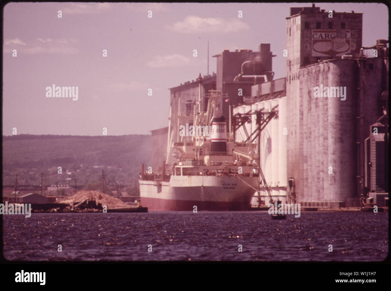 Ship loading at the Cargill grain elevator, Duluth, Minnesota. Grain ...