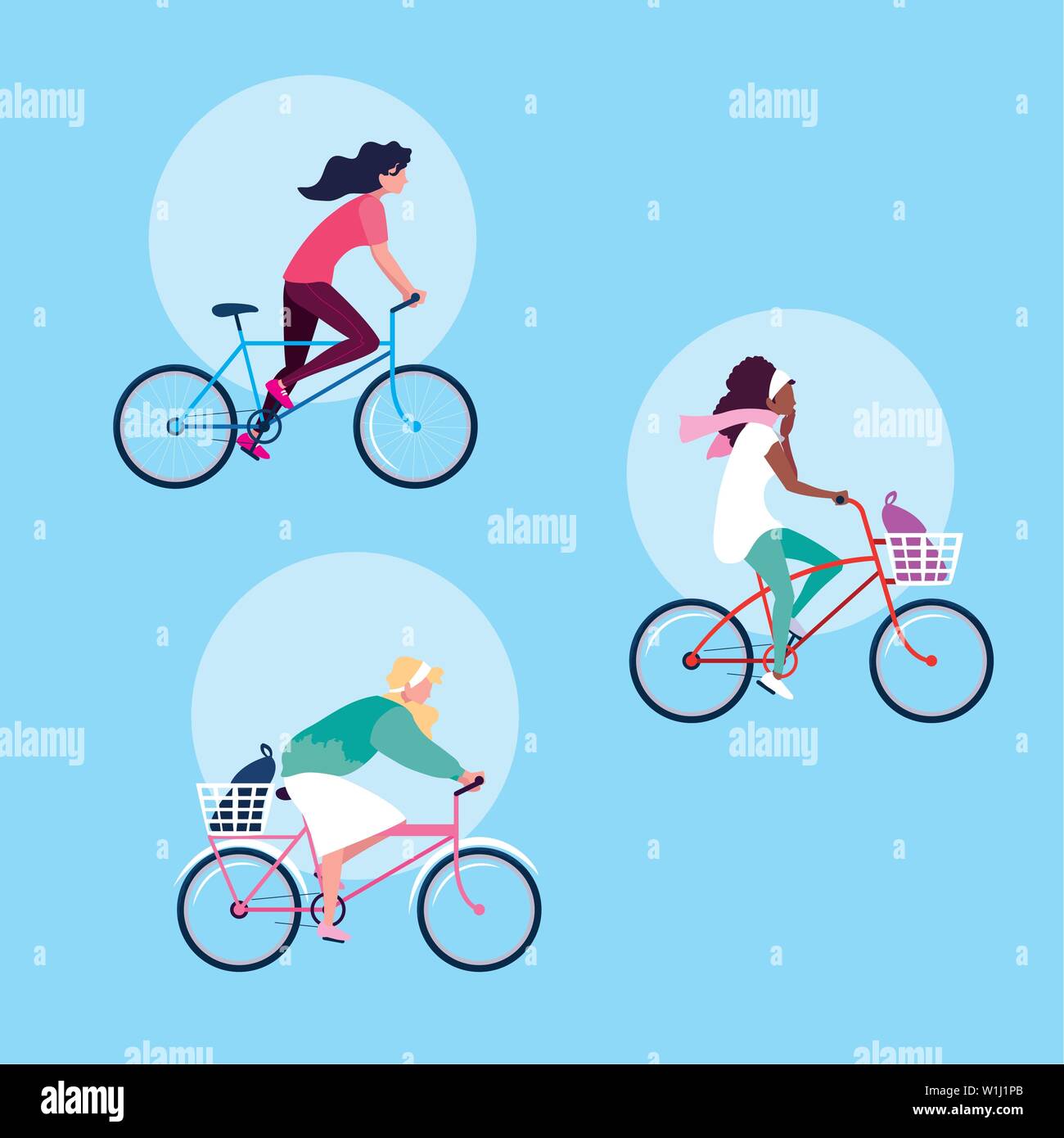 group of young women riding bike avatar character vector illustration ...