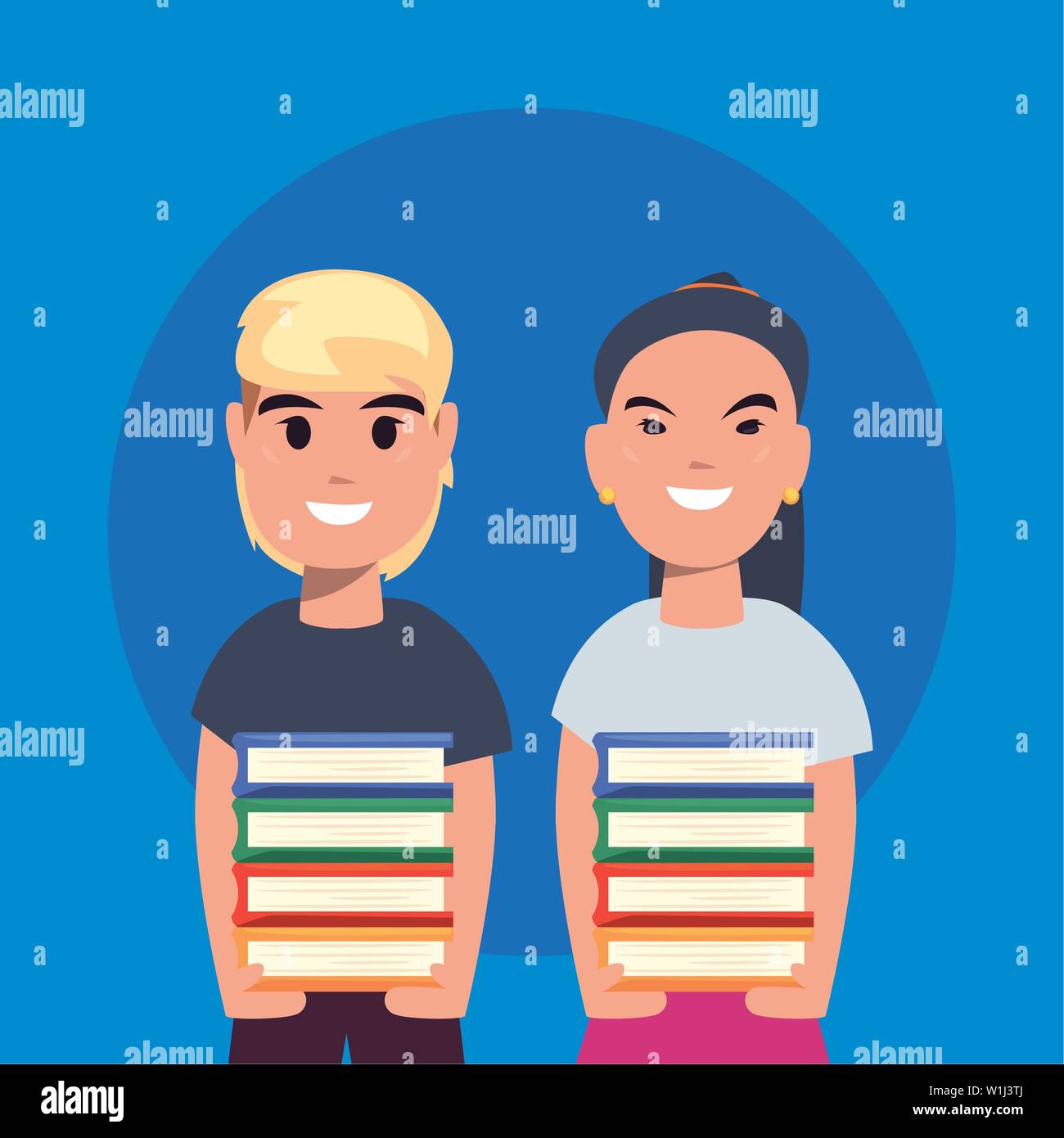 young students with books stacked back to school vector illustration ...