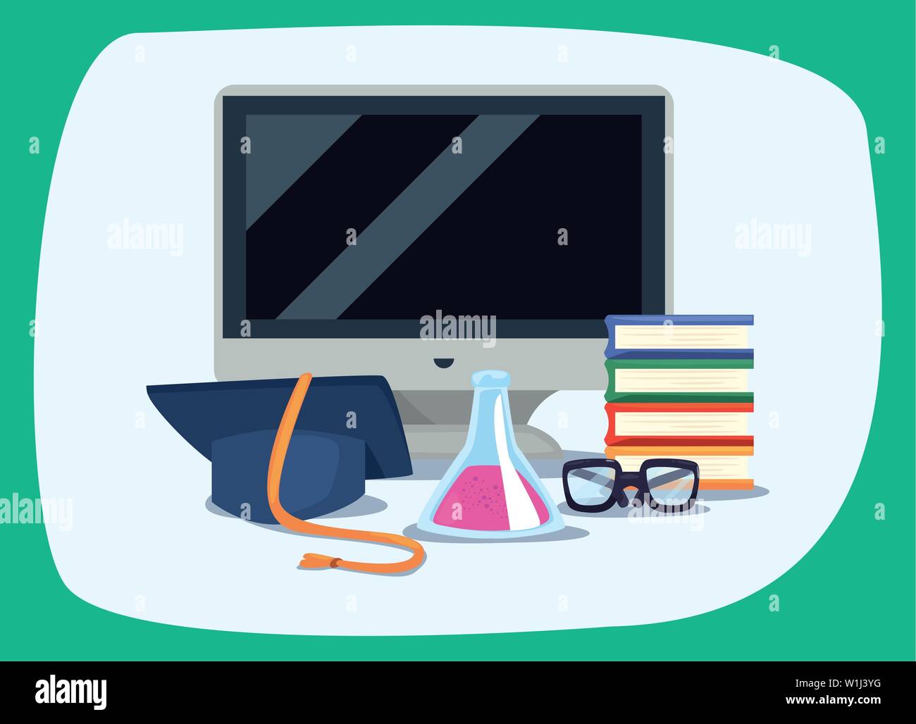 computer glass lab flask graduation hat books stacked back to school ...
