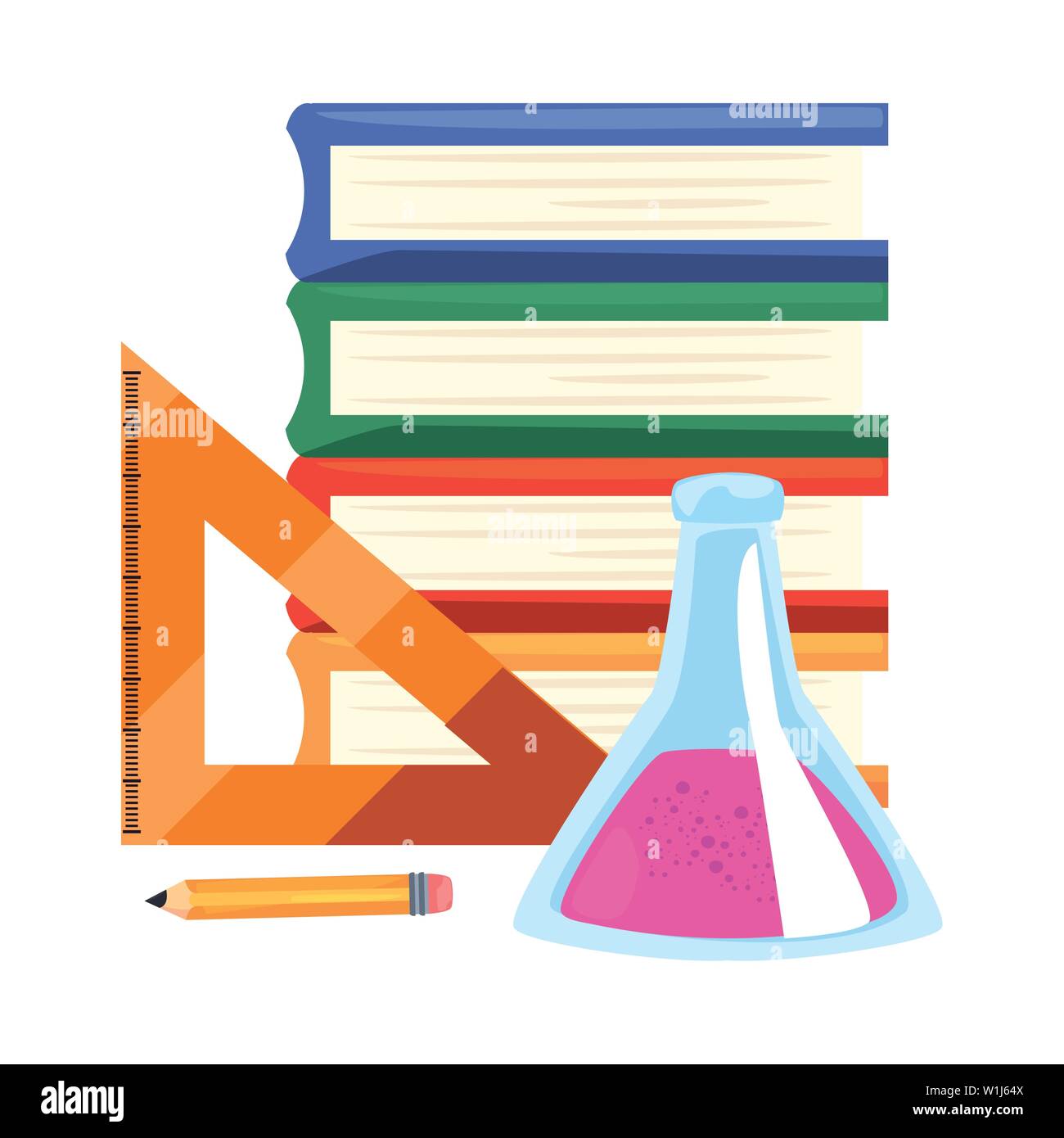 book stackes ruler flask and pencil back to school vector illustration ...