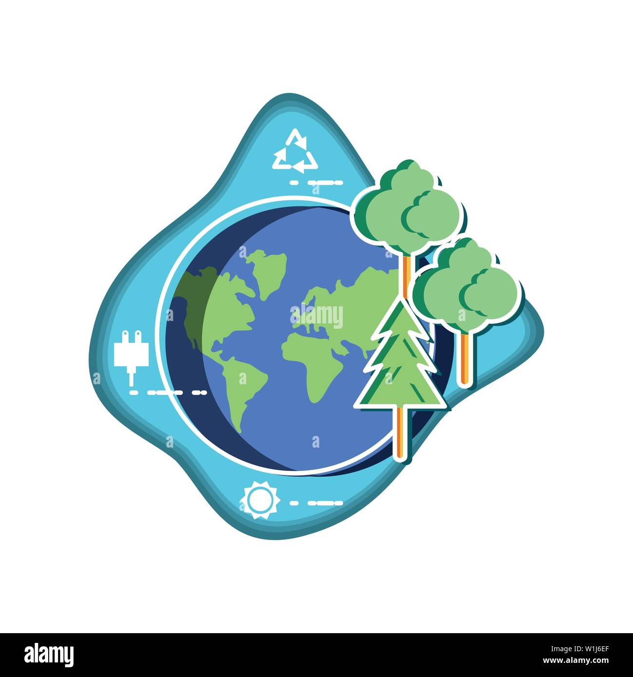 planet earth with symbols recycling and trees plants vector ...
