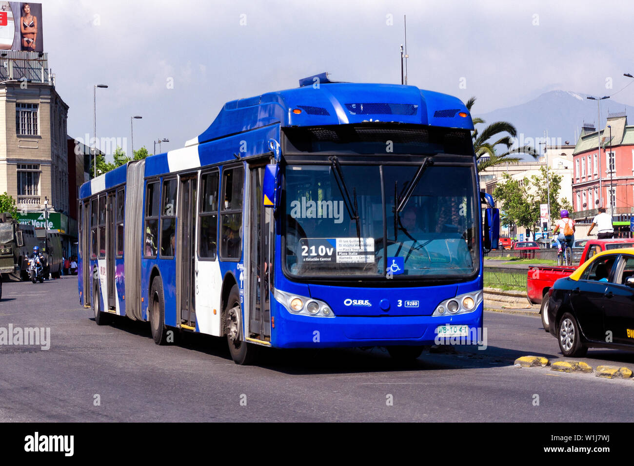 SANTIAGO, CHILE - NOVEMBER 2015: An articulated bus of the public ...