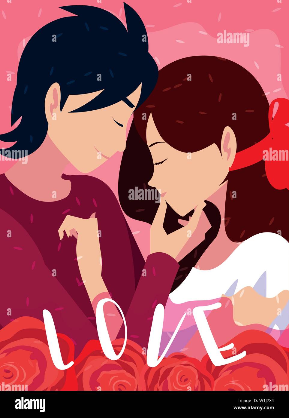 young couple in love poster with roses decoration vector illustration ...