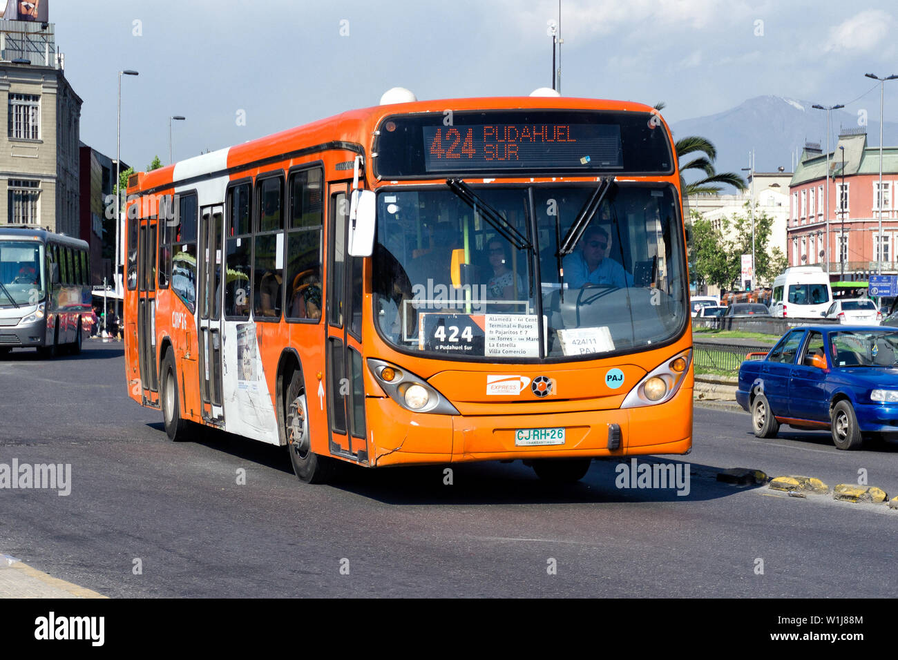 SANTIAGO, CHILE - NOVEMBER 2015: A Transantiago bus near its next stop ...