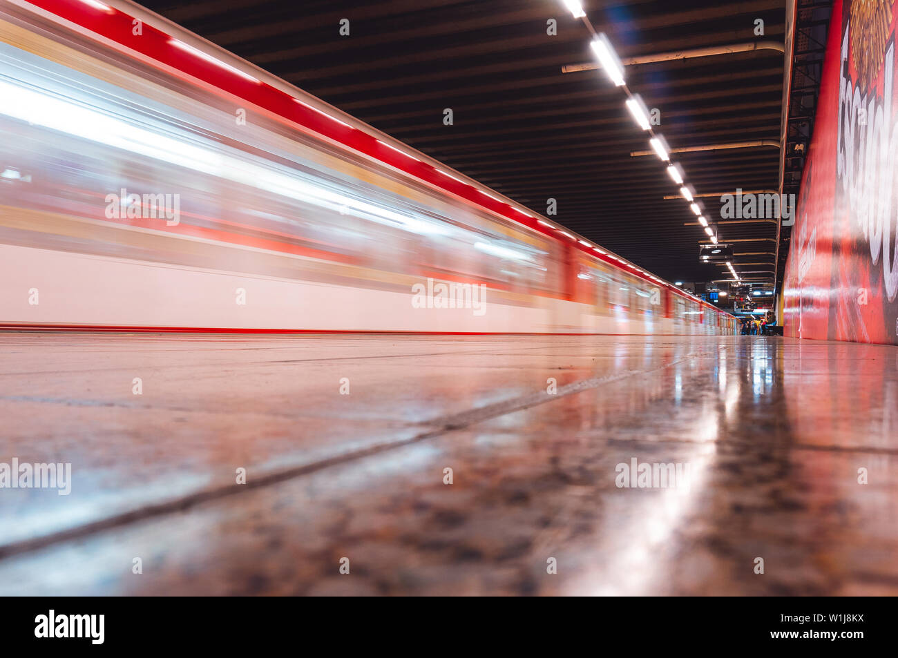 SANTIAGO, CHILE - NOVEMBER 2015: A Santiago Metro train at República ...