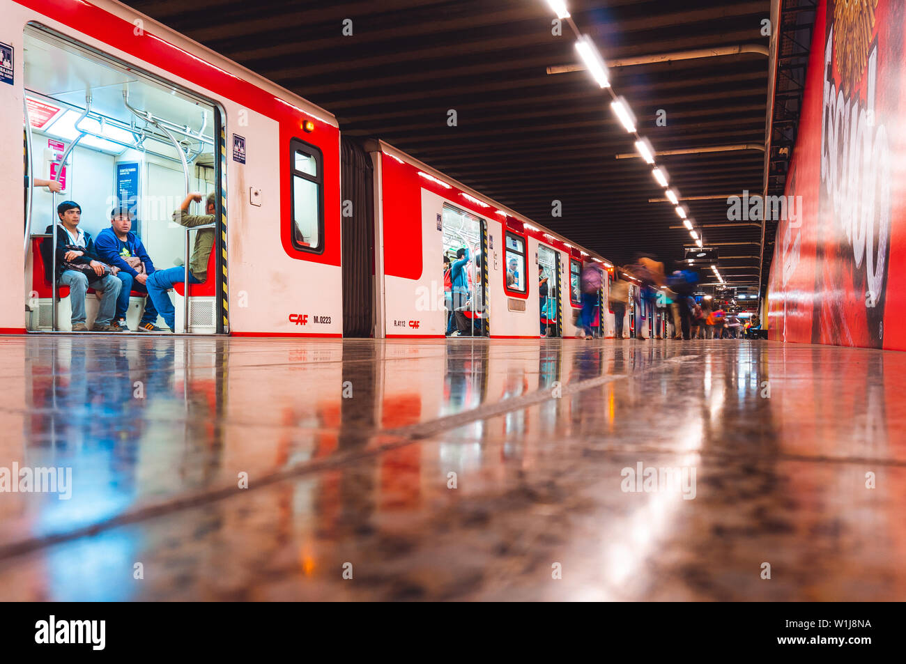 SANTIAGO, CHILE - NOVEMBER 2015: A Santiago Metro train at República ...