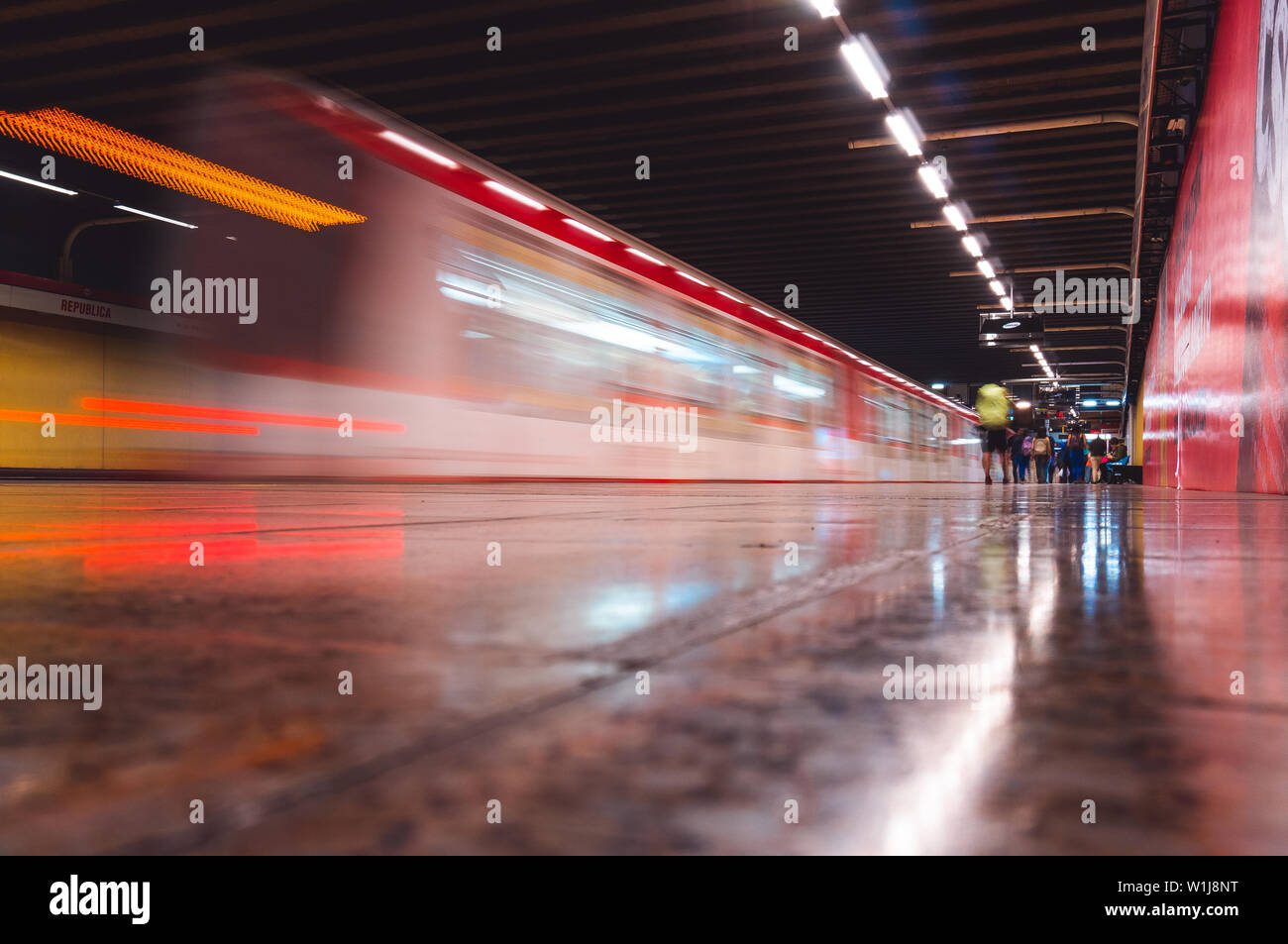 SANTIAGO, CHILE - NOVEMBER 2015: A Santiago Metro train at República ...