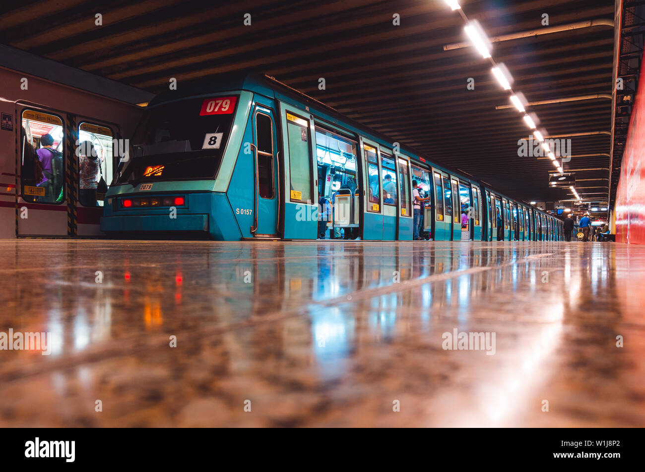 SANTIAGO, CHILE - NOVEMBER 2015: A Santiago Metro train at República ...