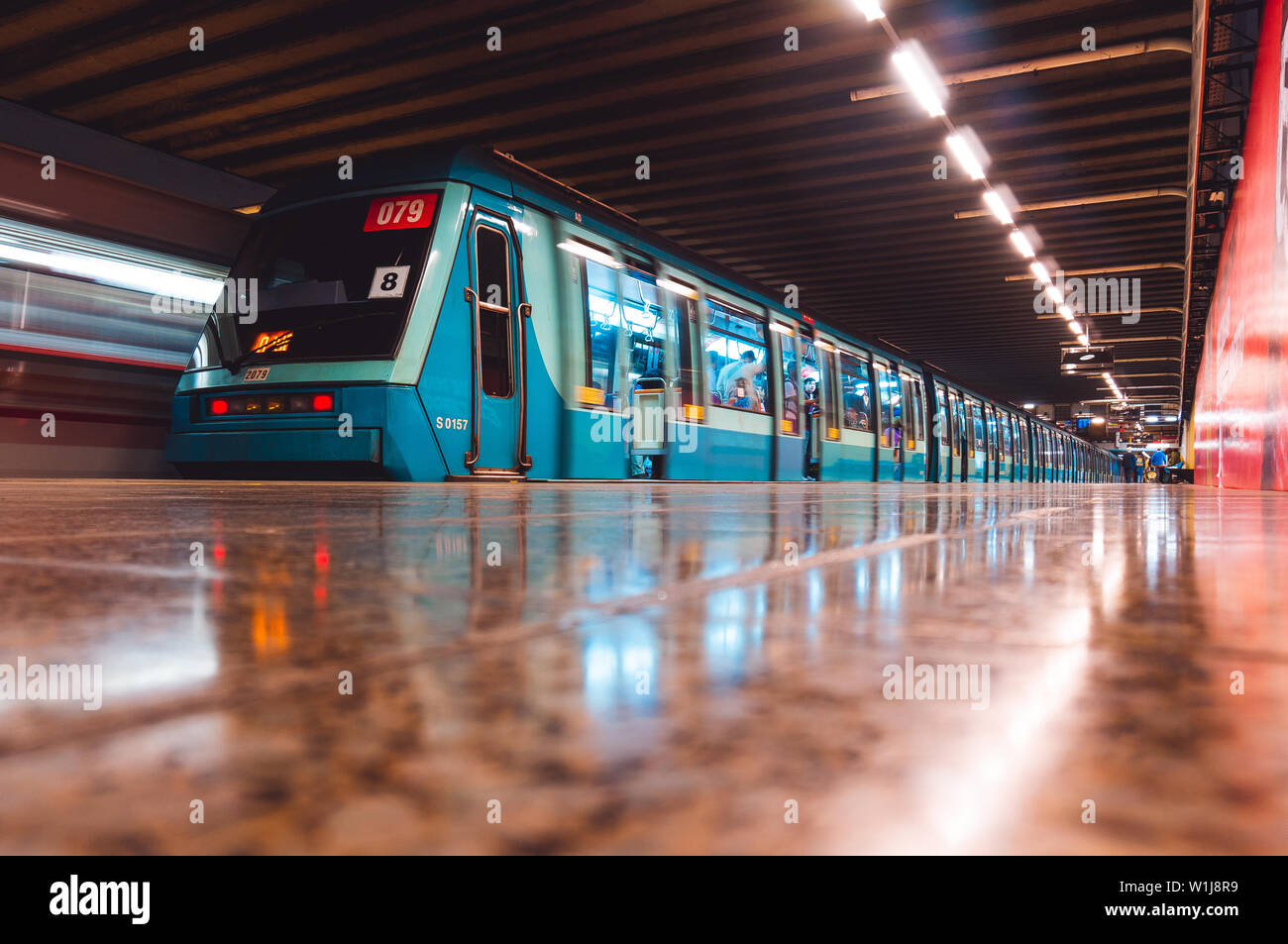 SANTIAGO, CHILE - NOVEMBER 2015: A Santiago Metro train at República ...