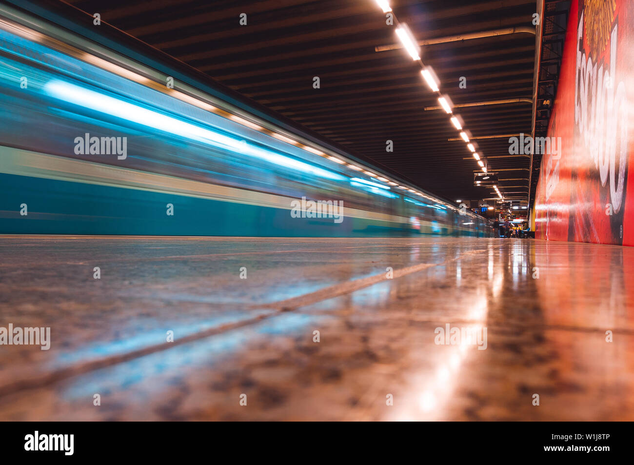 SANTIAGO, CHILE - NOVEMBER 2015: A Santiago Metro train at República ...