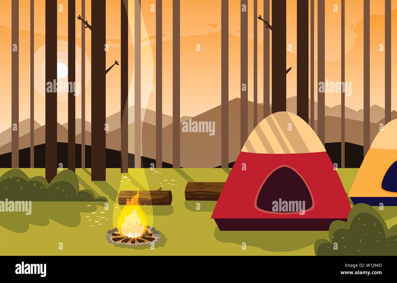 camping zone with tent and campfire sunset scene vector illustration ...