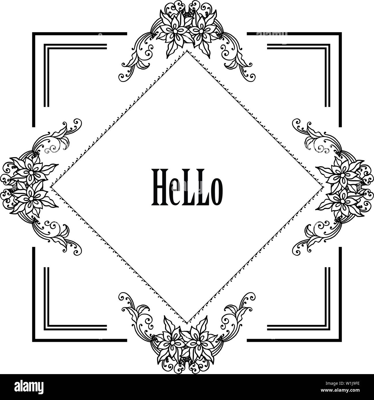 Vector illustration drawing flower frame for card of hello hand drawn ...