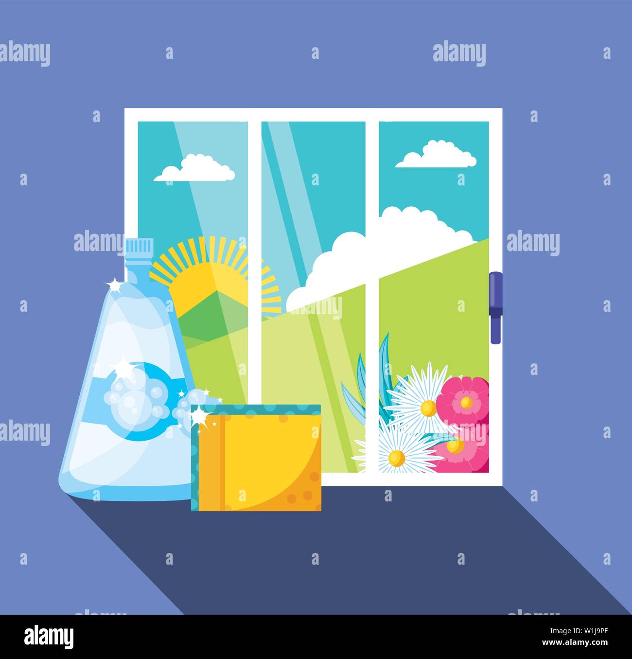 housekeeping tools with window and icons vector illustration design ...
