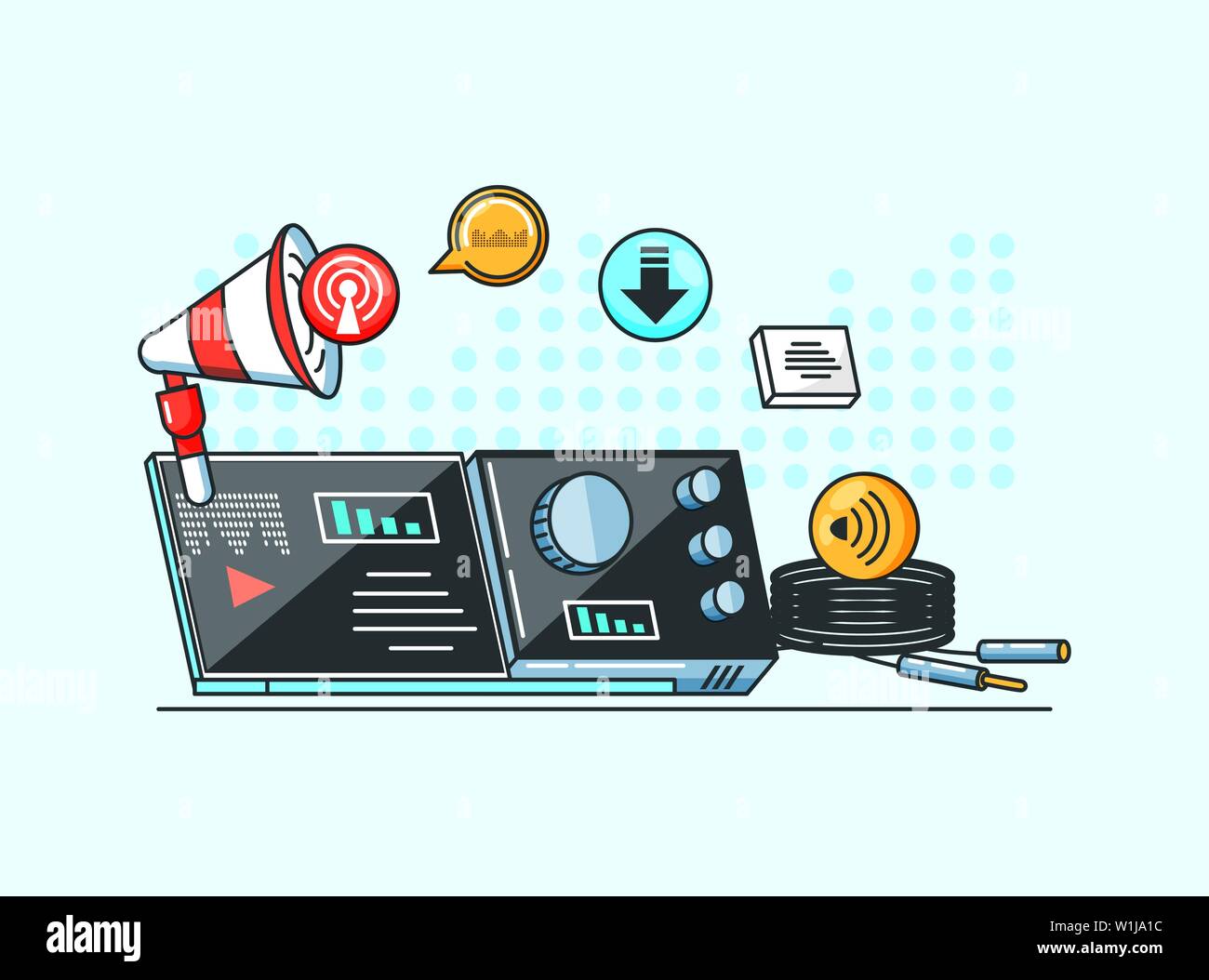 laptop with record and devices of digital audio studio vector ...