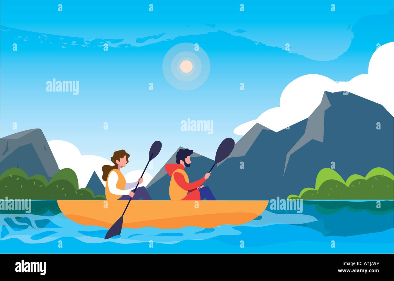 campers in beautiful landscape scene with kayaks vector illustration ...