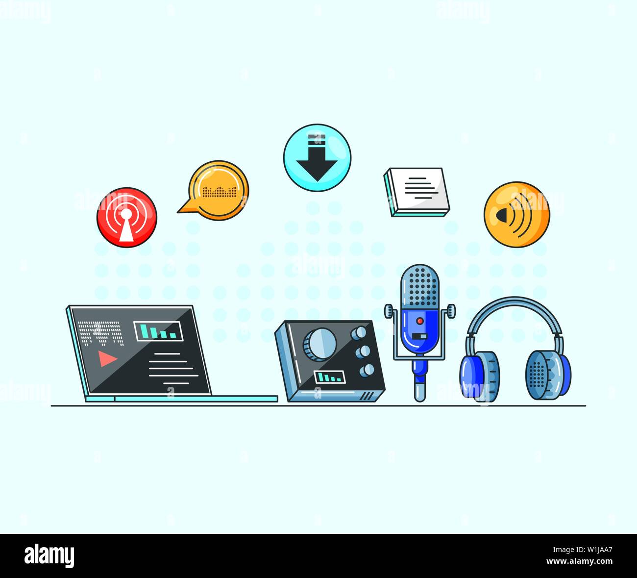 laptop with record and devices of digital audio studio vector ...