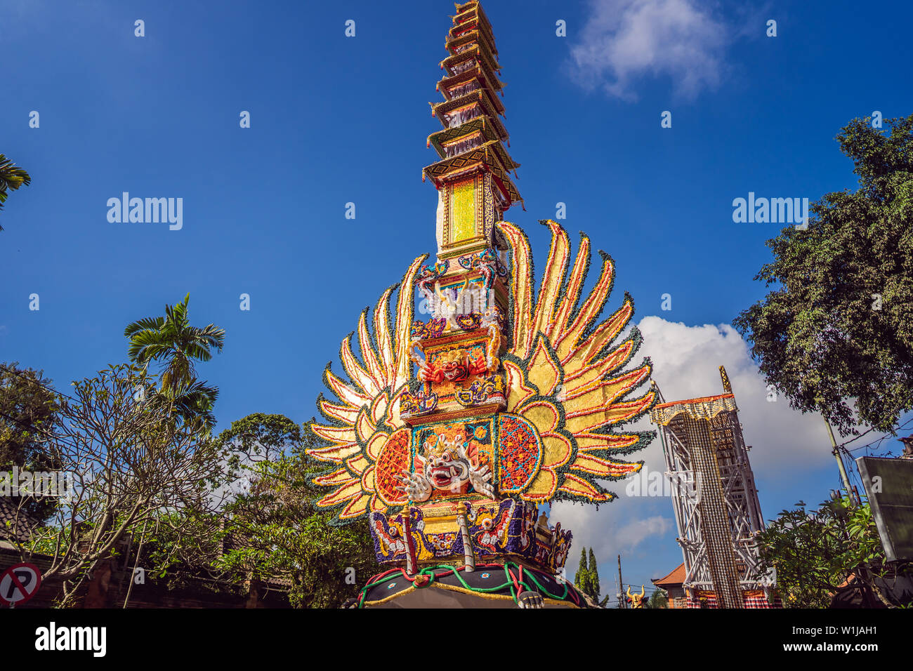 Bade cremation tower with traditional balinese sculptures of demons and ...