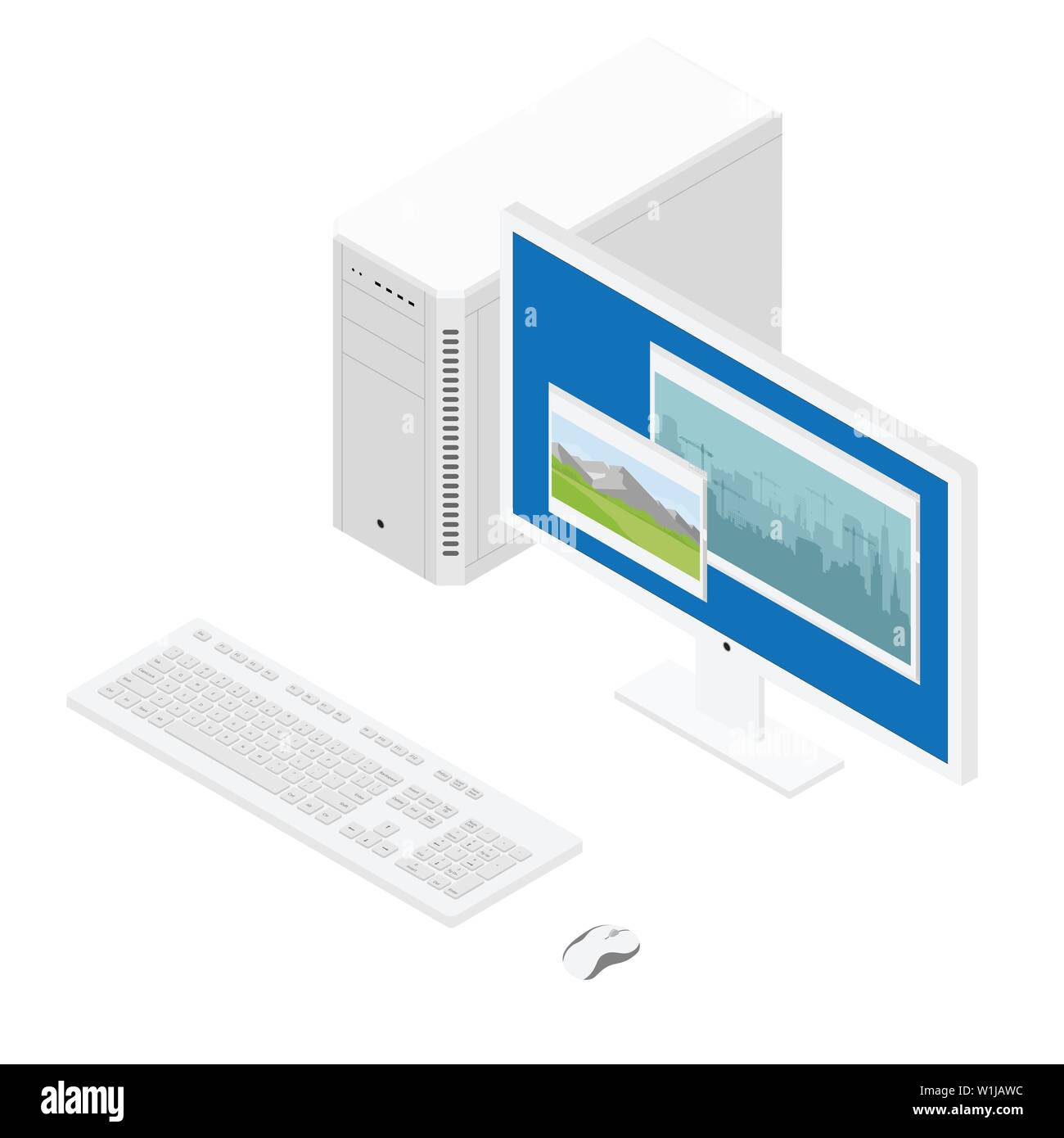 Personal computer case, keybord, mouse, monitor with city and mountain ...