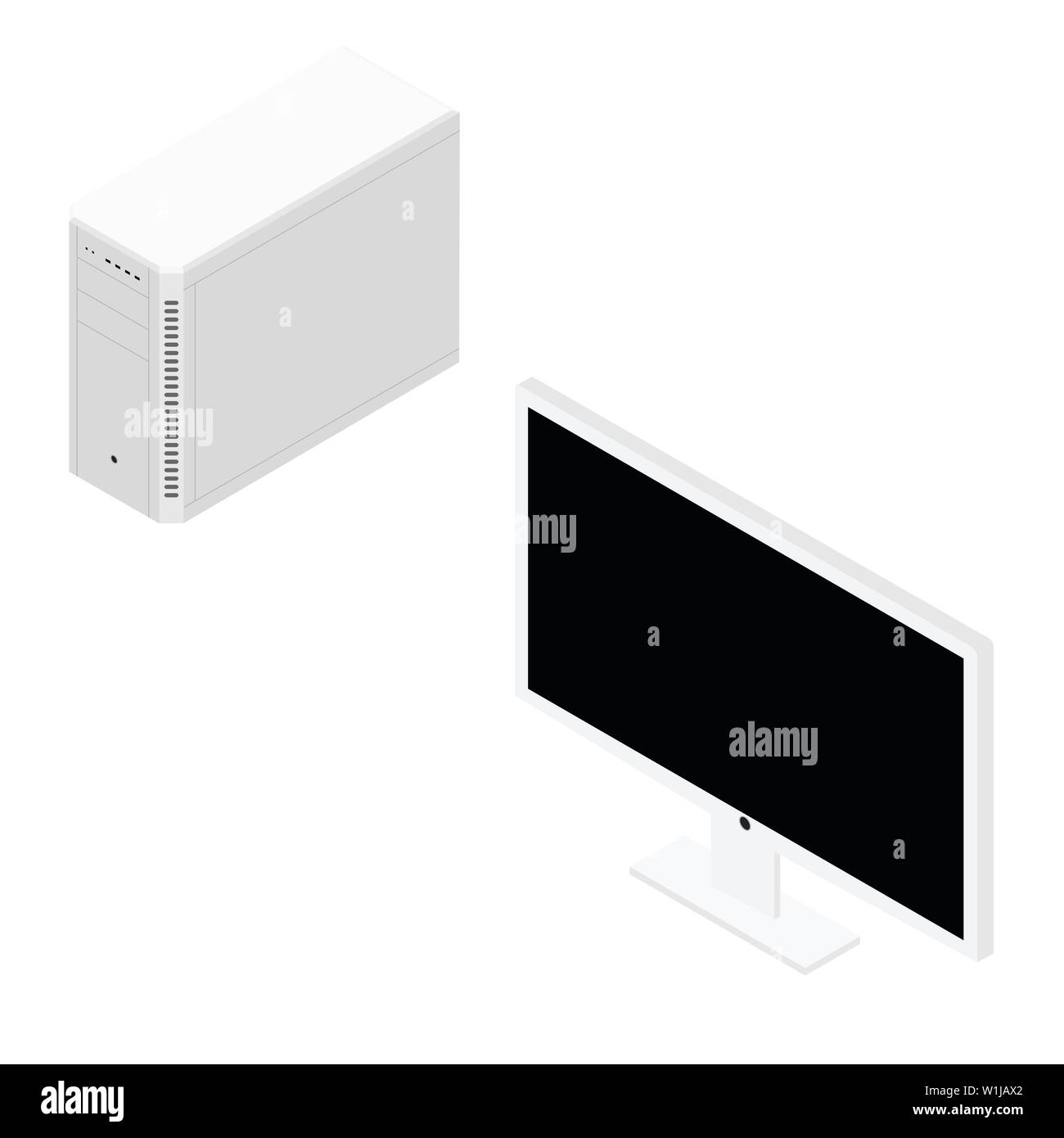 Personal computer case and monitor isometric view isolated on white ...